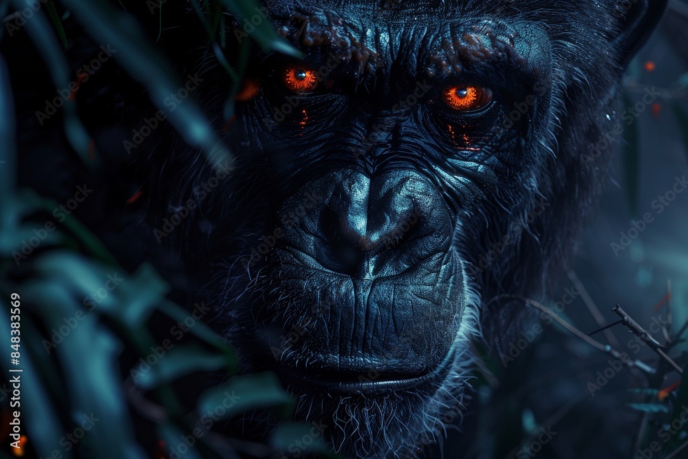 A comic book-style close-up of a ferocious monkey, its glowing red eyes ...