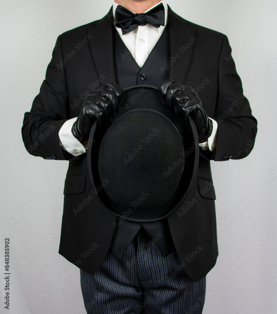 Portrait of Elegantly Dressed Gentleman in Dark Suit and Leather Gloves ...