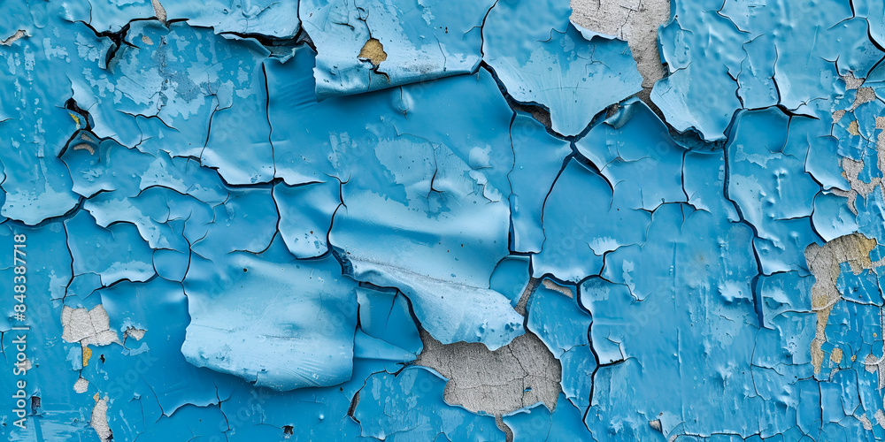 peeling blue paint on a wall with a cracked texture, giving it an aged ...