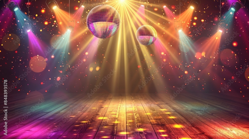 retro colorful disco background with mirror ball and spotlights on the ...