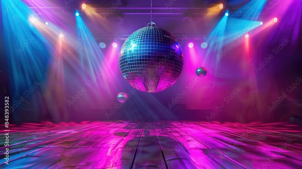 retro colorful disco background with mirror ball and spotlights on the ...