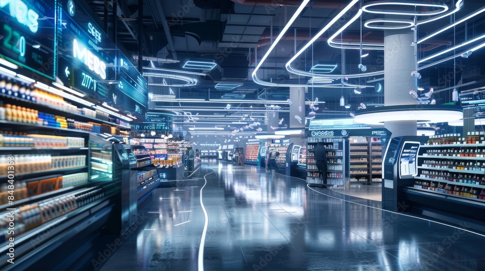 Create a futuristic, cashier-less store with automated checkouts, AI ...