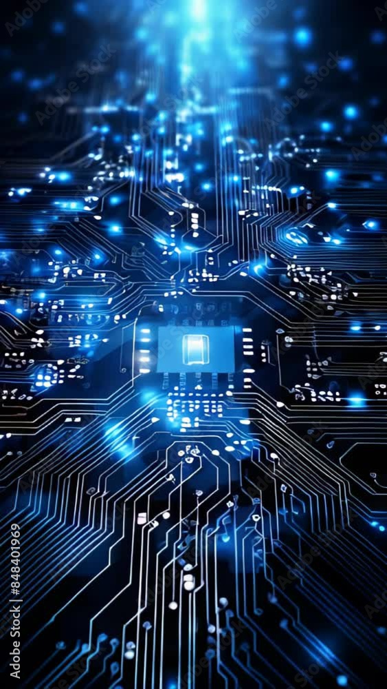 A computer chip is shown in a blue and white color scheme. The chip is ...