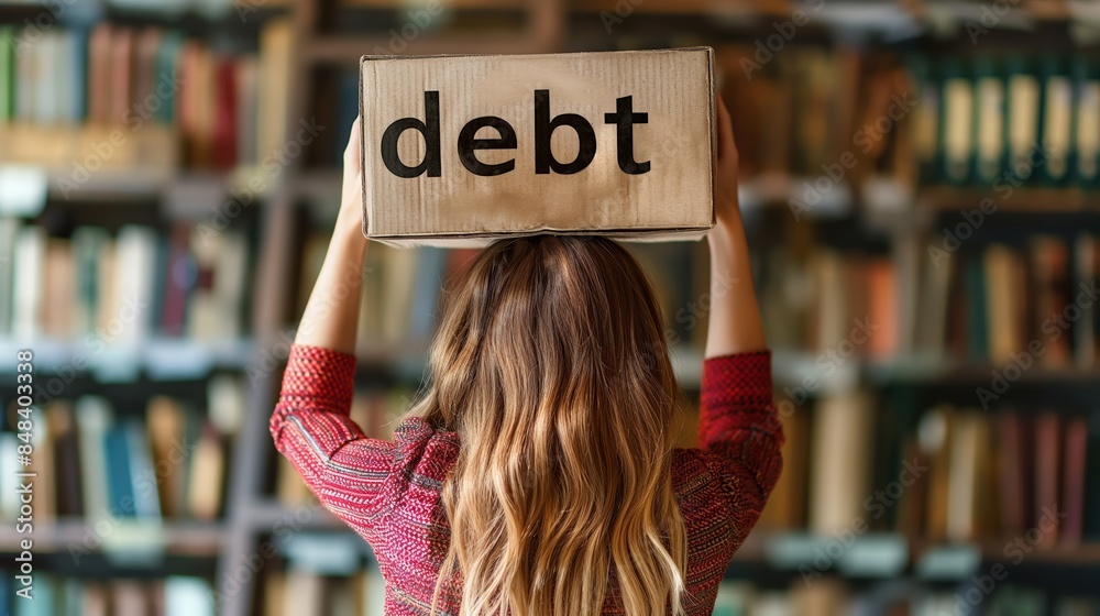A woman stands in a library, balancing a box labeled "debt" on her head ...