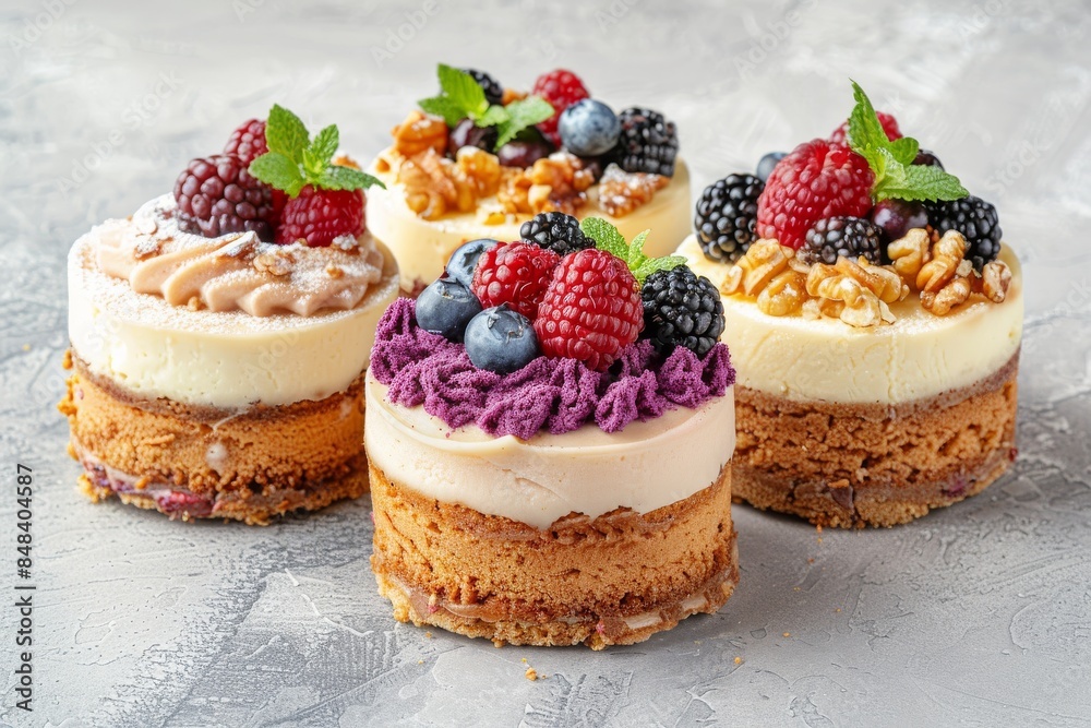 Mini cheesecakes with fresh fruits and nuts, rustic background, close ...