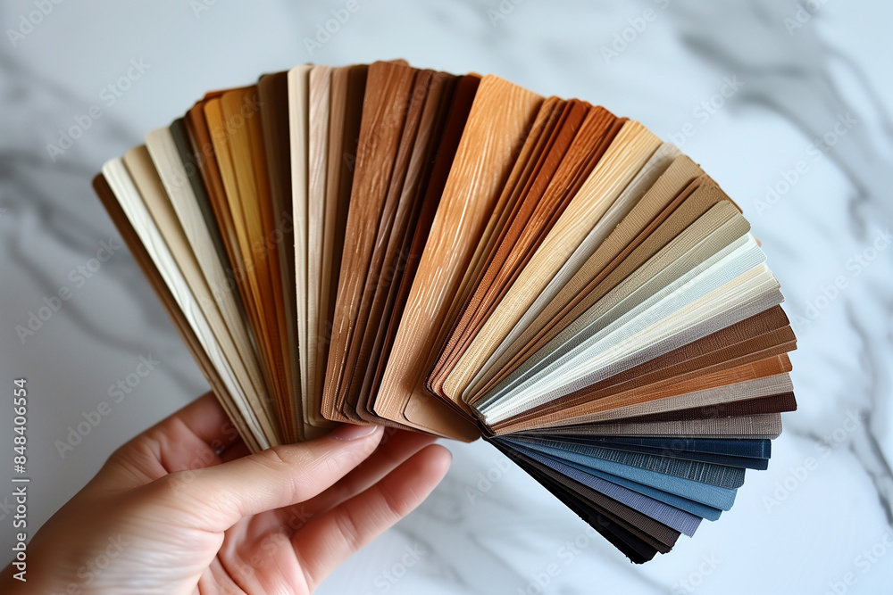 Female hands holding color sample sheets with various shades. Pale ...