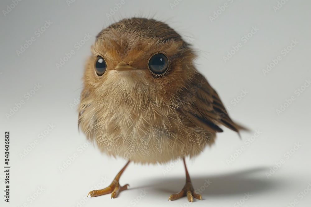 Cute and fluffy brown bird with large eyes standing on a plain surface ...
