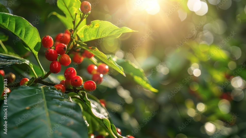 Bright red guarana berries on a branch with green leaves, Tropical ...