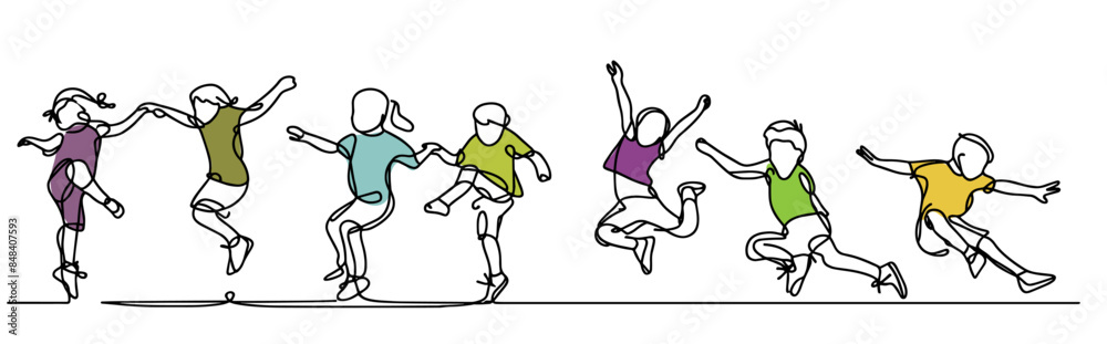 happy children jumping in the air, line-art, one line drawing, colorful ...