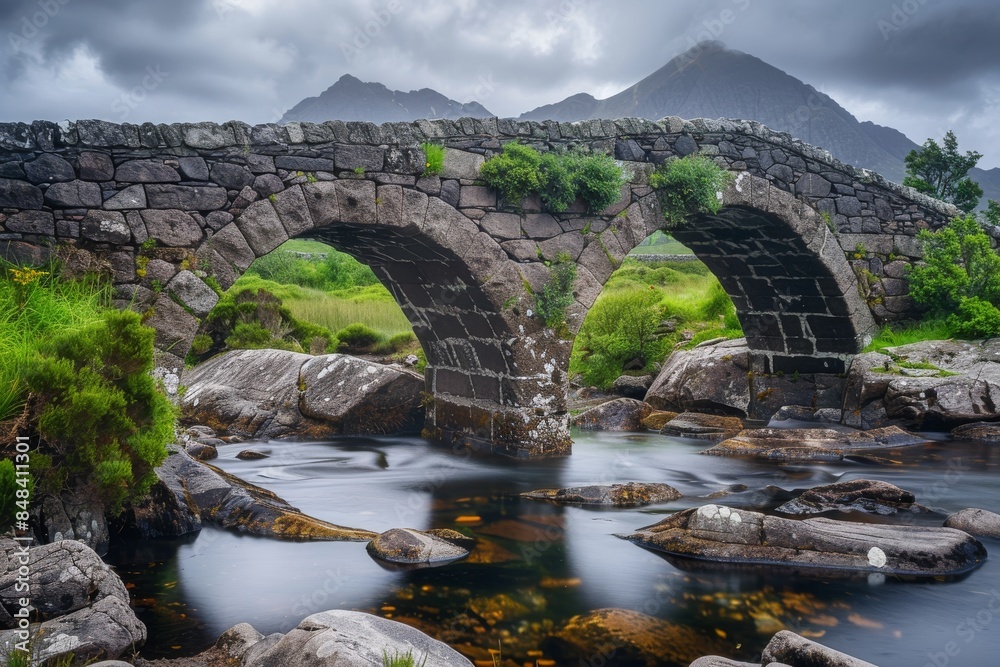 Beautiful stone bridge at Sligachan on Skye island in Scotland, with ...