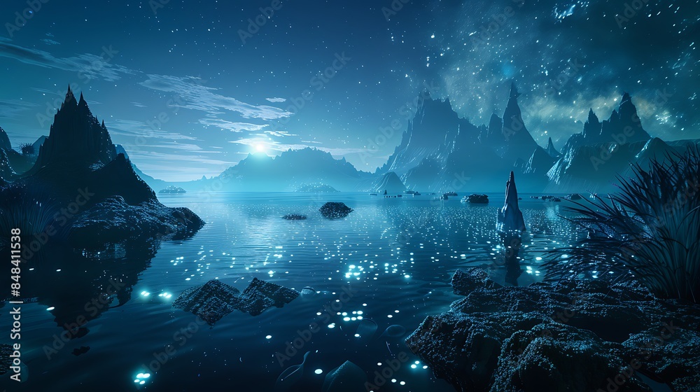 A tranquil alien ocean with floating bioluminescent organisms and ...