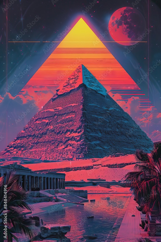 Vibrant pyramid artwork with neon colors and a futuristic feel, merging ancient Egyptian ...