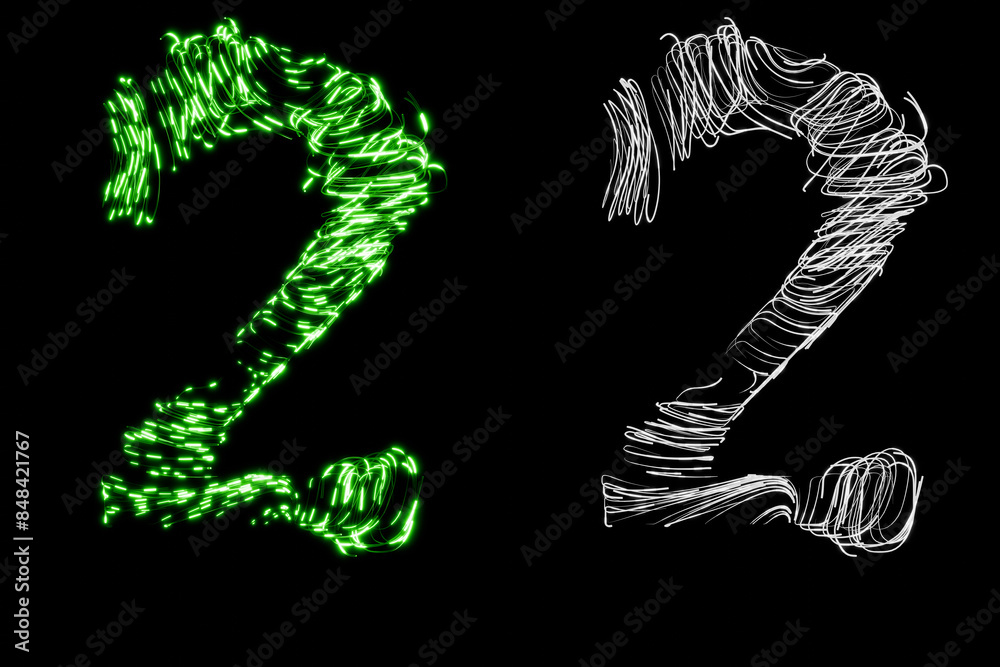 Number 2 made of many thin transparent tubes with green neon light ...