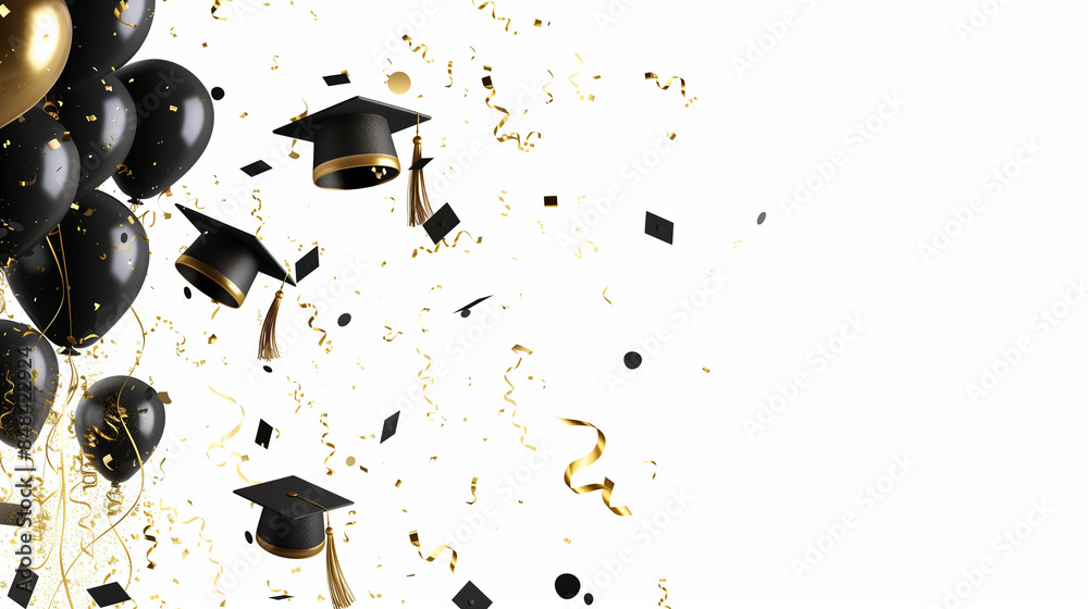 Falling Black and Gold Graduation Caps with Confetti and Balloons on ...