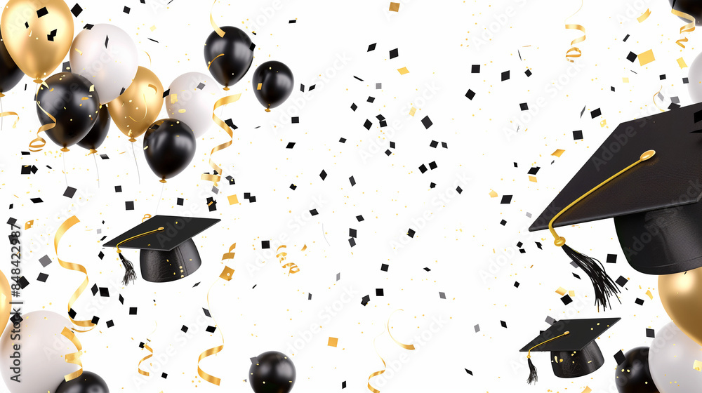 Falling Black and Gold Graduation Caps with Confetti and Balloons on ...