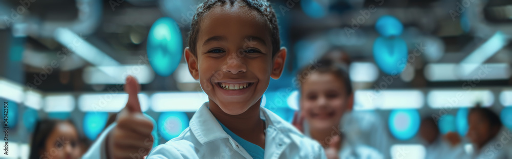 Smiling Boy Gives Thumbs Up in Blue Lab Coat During Science Experiment ...