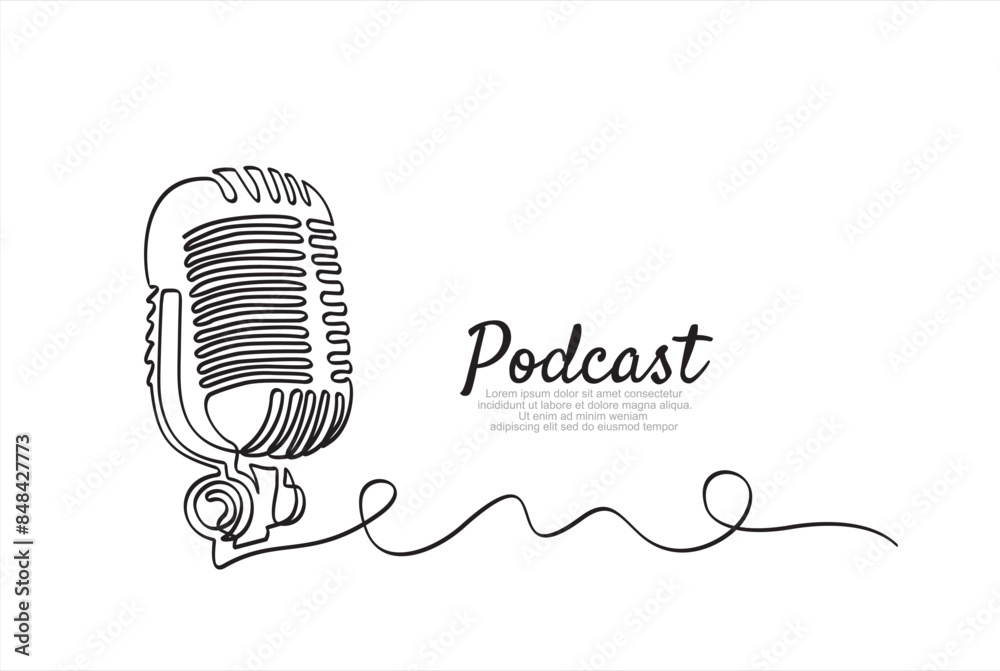 Podcast. Continuous one single line drawing Retro microphone logo icon ...