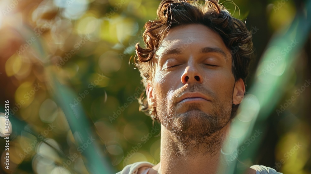 Foto de Man with a Green Ribbon, Smiling Softly with a Serene Nature ...