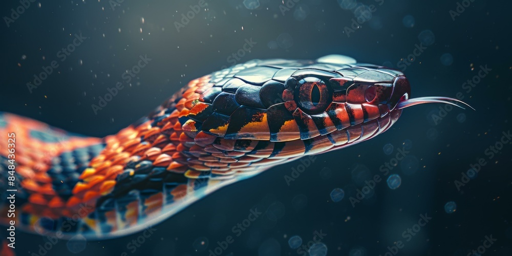 A red-headed snake with black and yellow scales slithers forward. AI ...