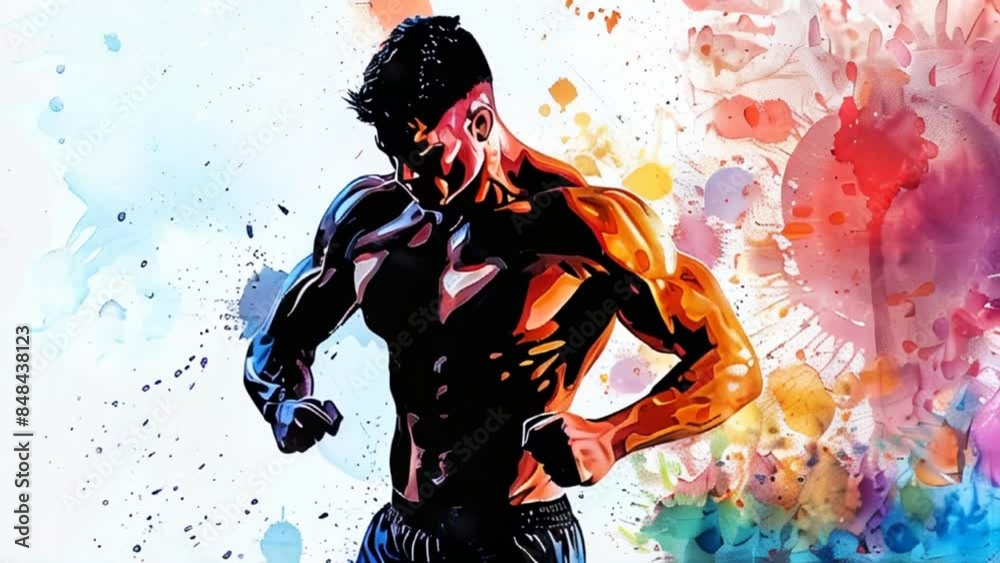 Watercolor Art of a Shirtless Male Bodybuilder Flexing His Muscles ...