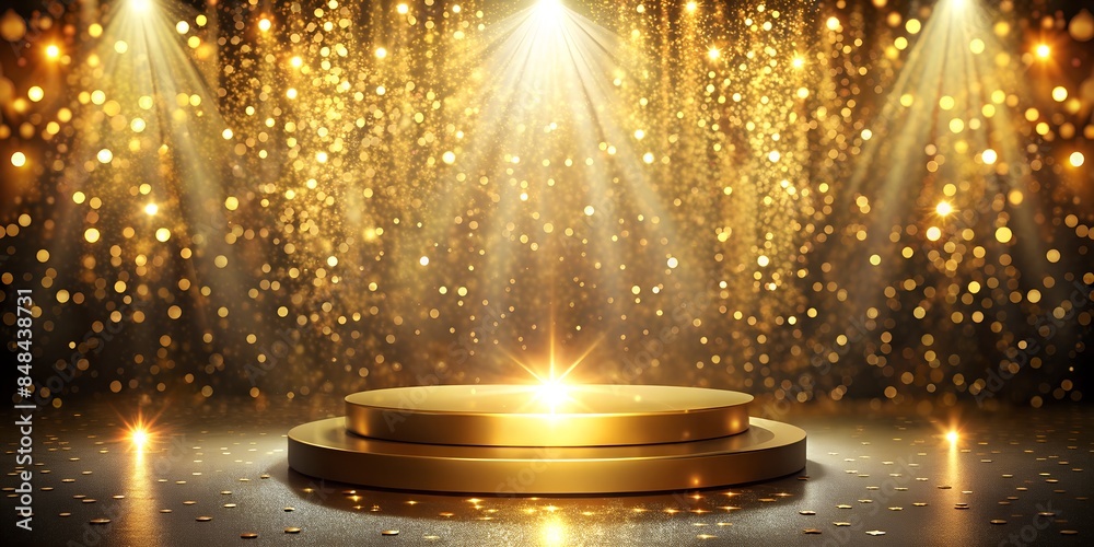 The winner's podium, illuminated with golden rays of glory and bright ...