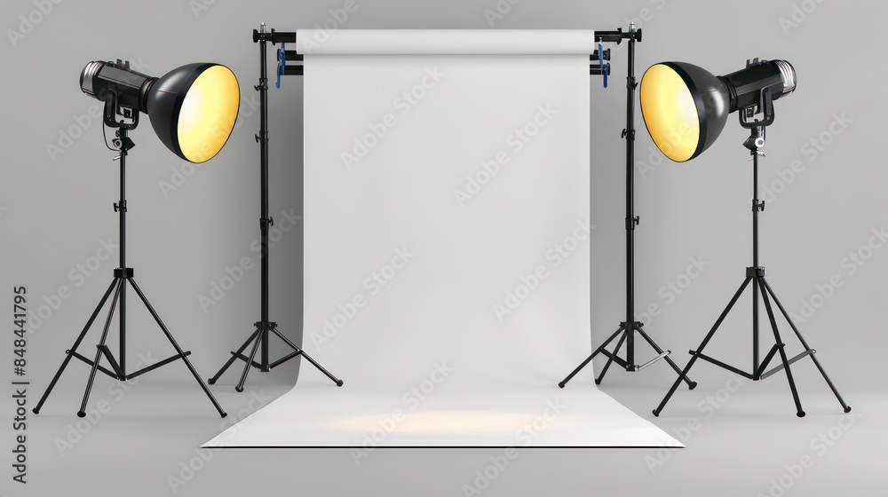 Professional photo lamps and cyclorama on tripod with warm yellow light ...