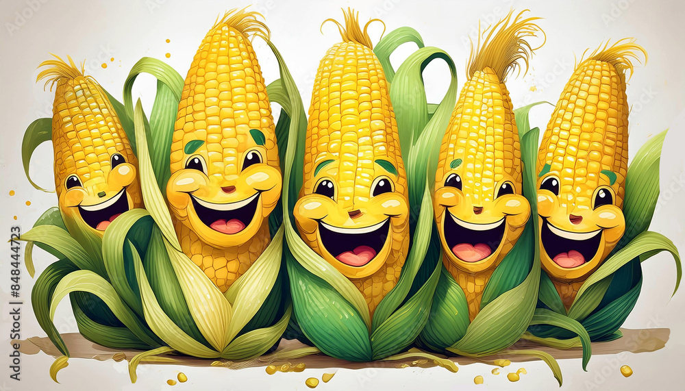Happy corn cobs cartoon on a simple plain white background ...