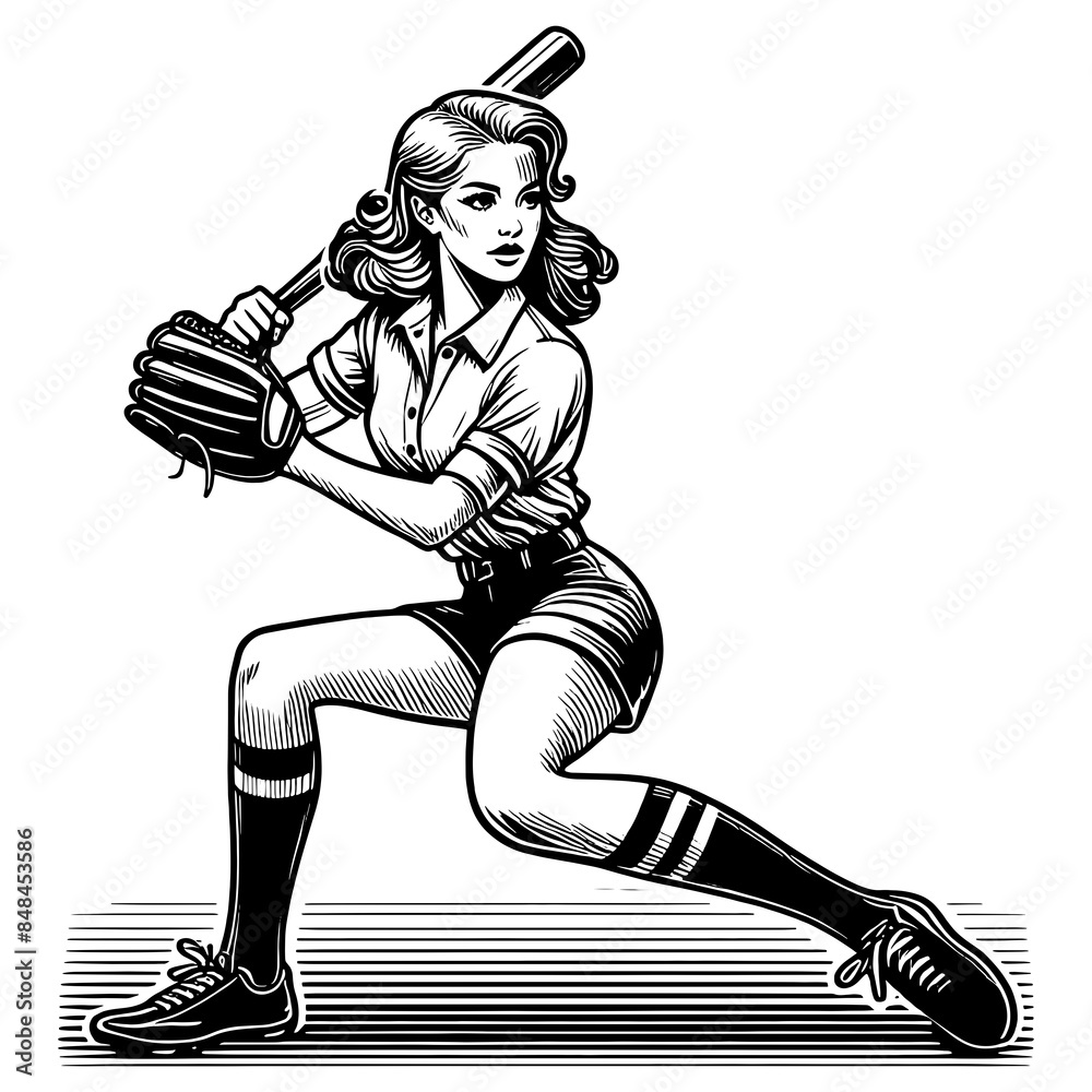 female baseball player in action, wearing classic uniform and holding a ...