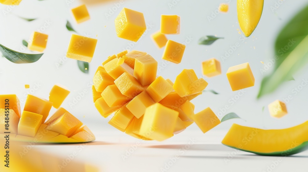 Floating mango cubes concept image. Captured in mid-air, food ...