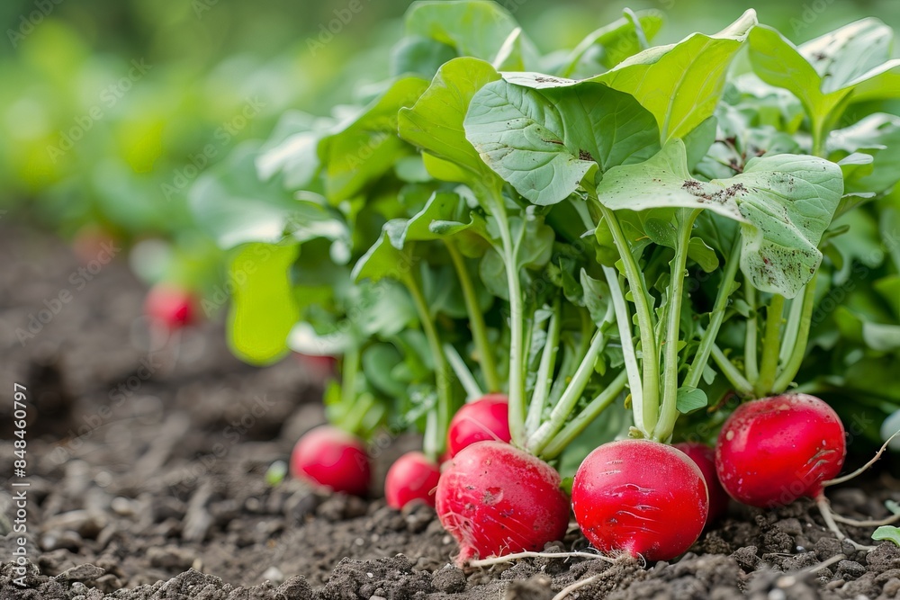 Fresh radishes growing in a garden bed with green leaves and soil in ...