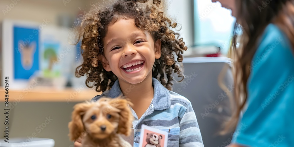 Child happily learning with speech therapist using animal flashcards in ...