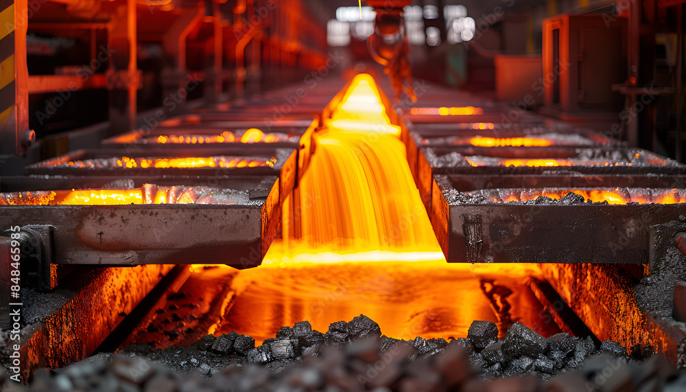 bustling steel factory where molten steel is being poured into molds ...