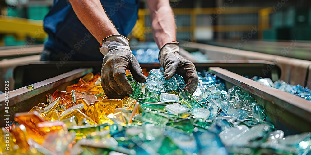 Glass recycling workshop: sorting broken glass by color while ...