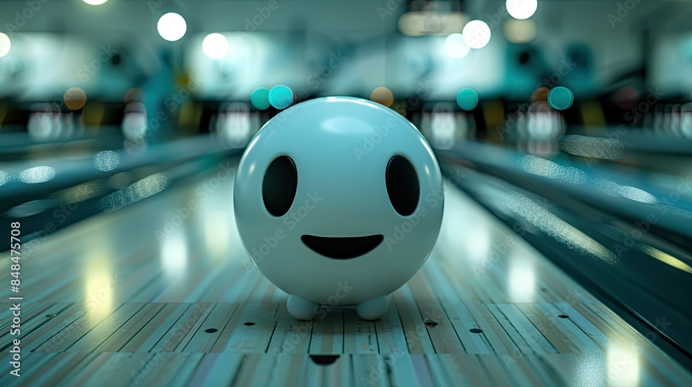 A white round ball with black eyes and a mouth stands on the floor of a ...