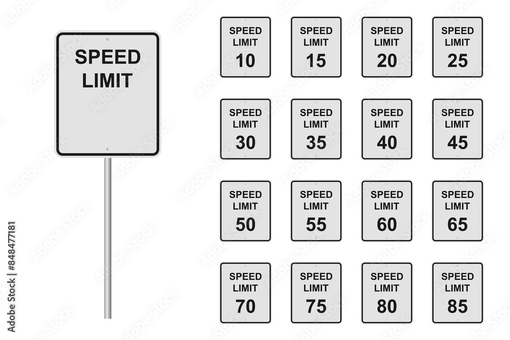 American speed limit road sign. Traffic sign with 40, 50, 60 75 and ...