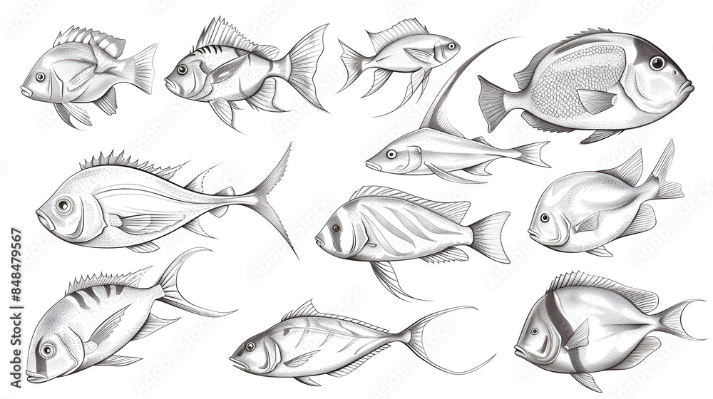 Seafood sketch. Vintage fish, drawing food. Delicious shrimp, shell ...