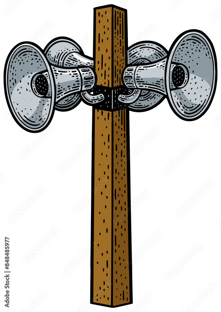 loudspeakers on pillar pylon for propaganda public notification color ...
