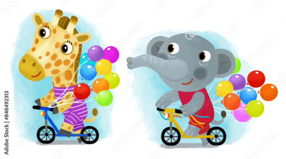 cartoon scene with wild animal giraffe and elephant doing things like ...