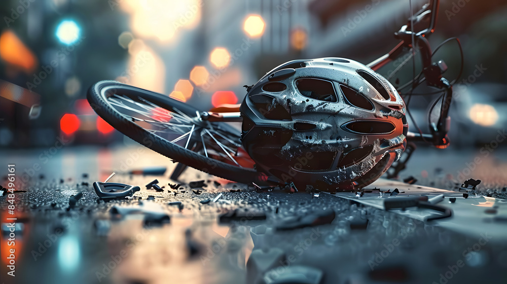 Urban scene with a bike crash road accident lying on the ground, with ...