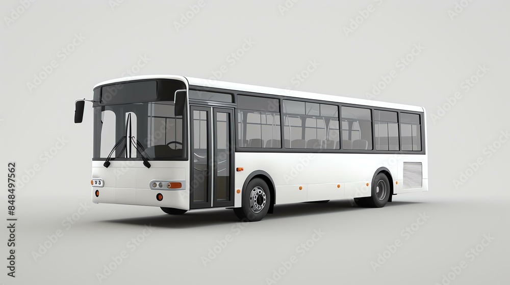 A sleek and modern bus is shown in a simple studio setting. The bus is ...