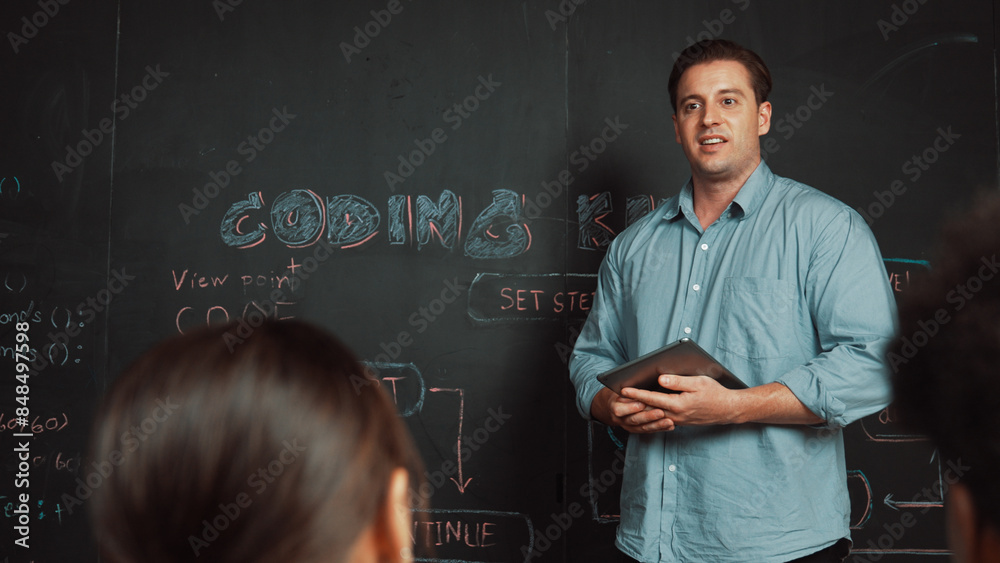 Professional happy teacher answering student question about coding ...