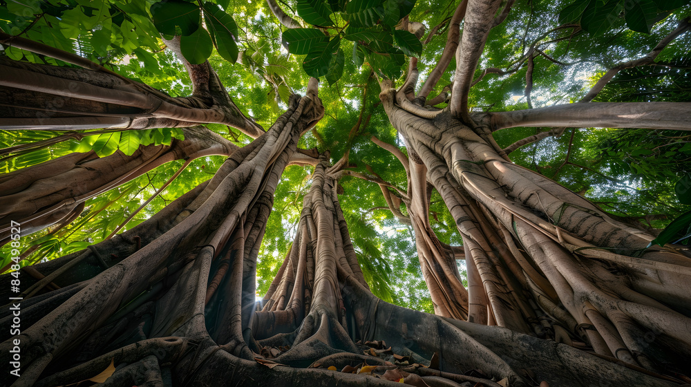 The view from the ground looking up at banyan trees with wide roots ...
