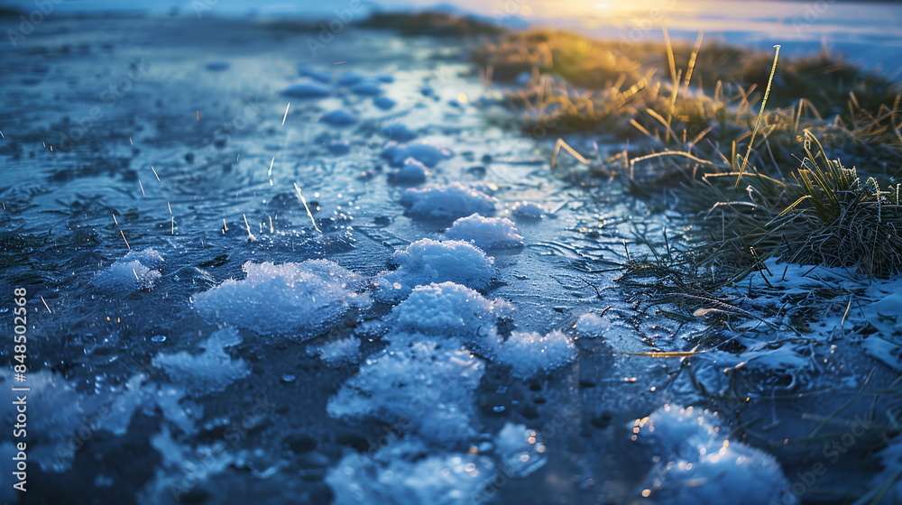 A melting permafrost landscape releasing methane bubbles, indicating ...
