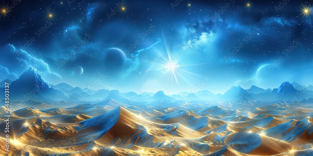 Majestic Cosmic Landscape with Glowing Stars and Gold-Tinted Desert ...