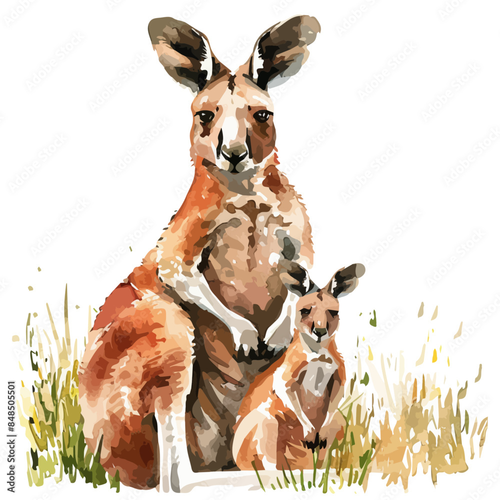 Watercolor Vector painting of a kangaroo, isolated on a white ...