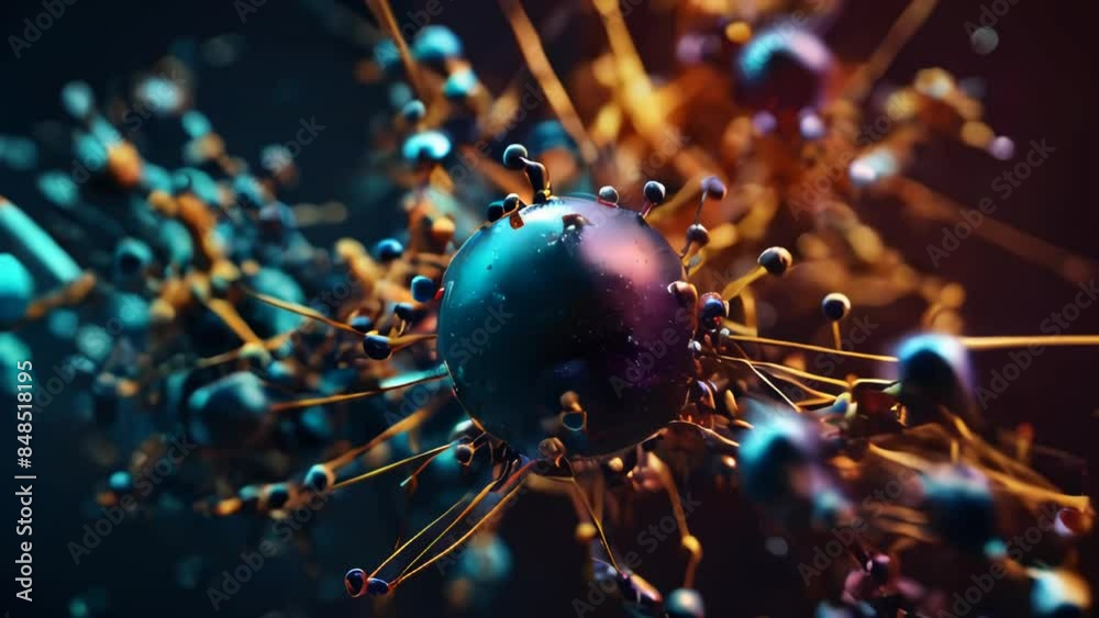 An atomic structure or a molecular model, central glowing nucleus ...