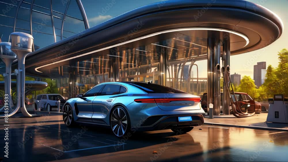 Blue car parked at a modern, secluded gas station with multiple fuel ...