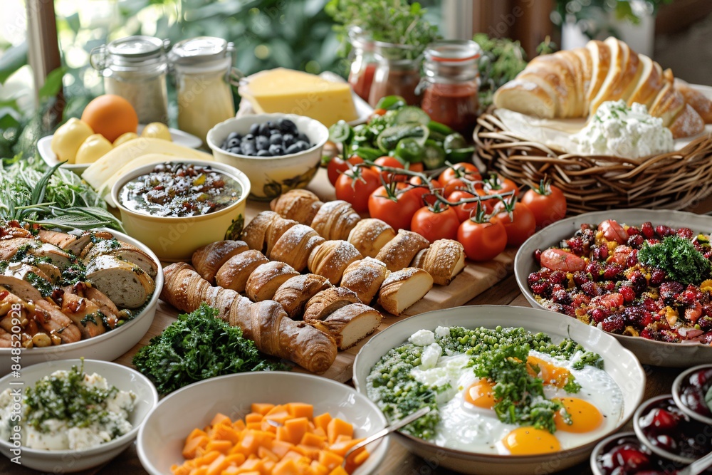 Brunch spread with a variet of dishes pastries. Village Breakfast with ...