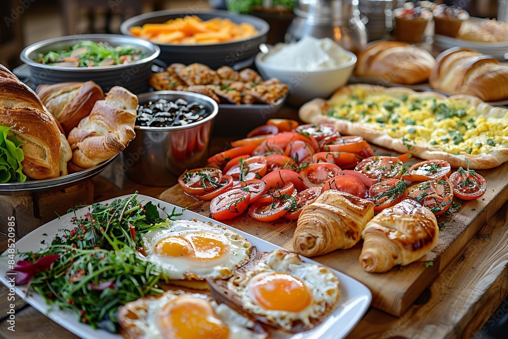 Brunch spread with a variet of dishes pastries. Village Breakfast with ...