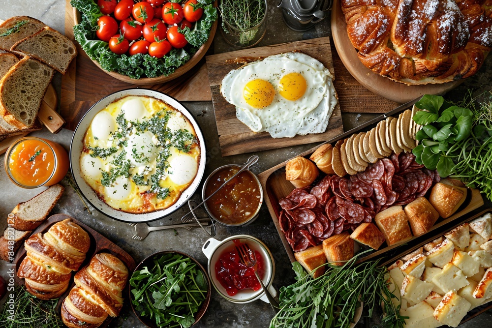 Brunch spread with a variet of dishes pastries. Village Breakfast with ...